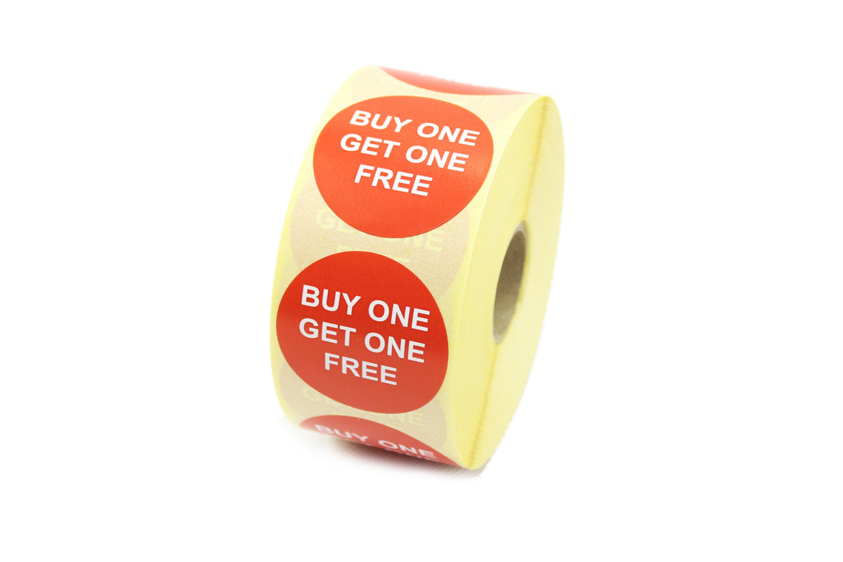 Buy one get one free Promotional Labels, Red & White. 40mm Diameter ...